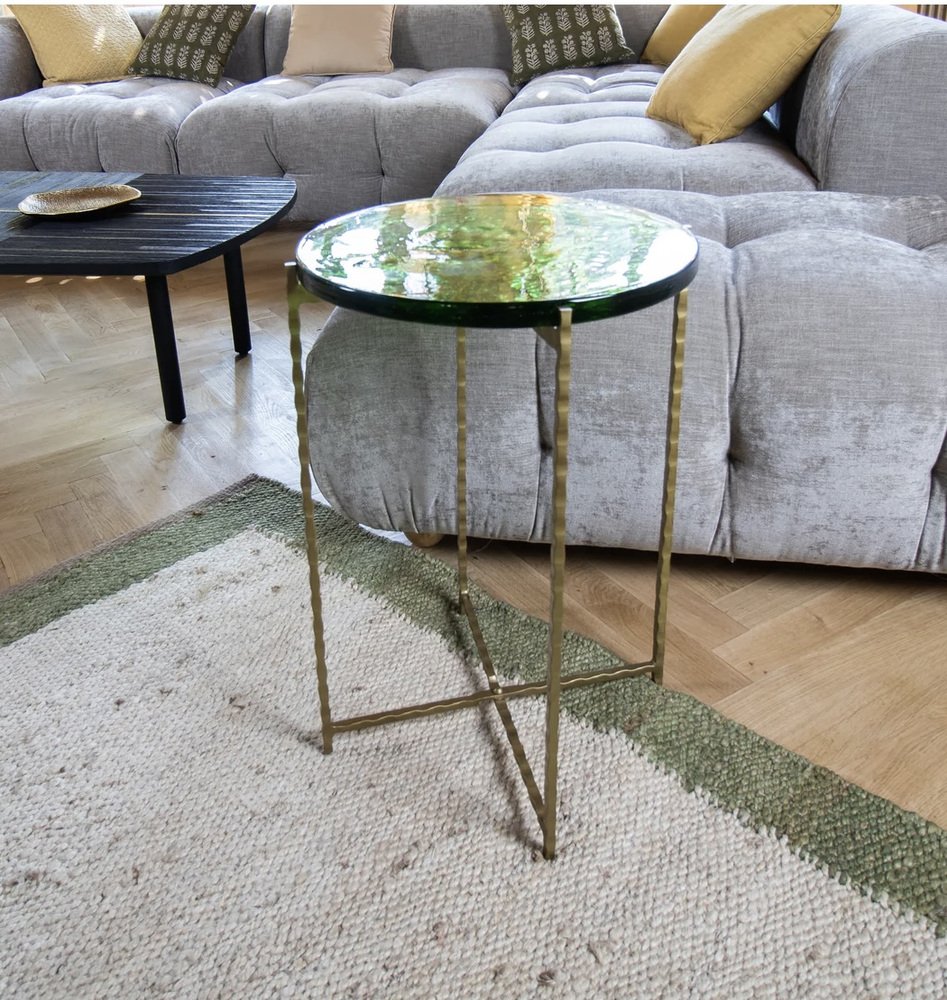 Golden-Hammered Metal Table with Green Glass Top by Now’s Home for sale ...