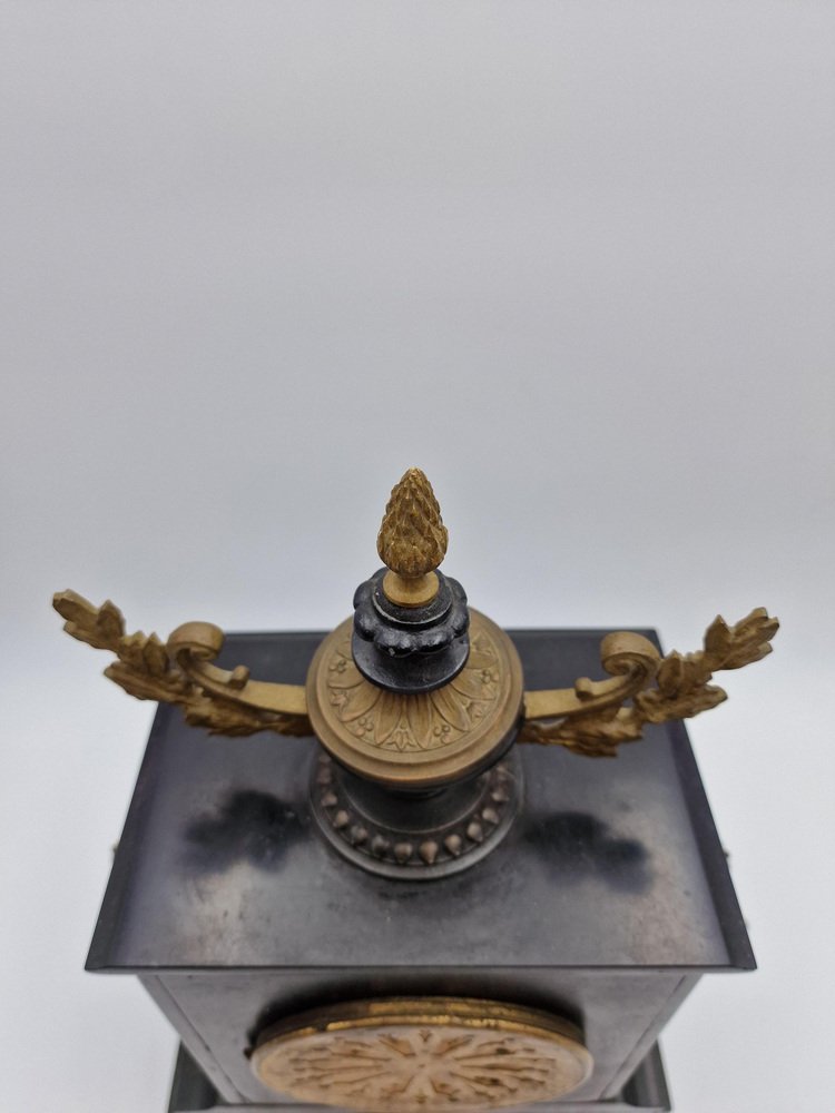 French Clock in Black Belgian Marble, Late 1800s for sale at Pamono