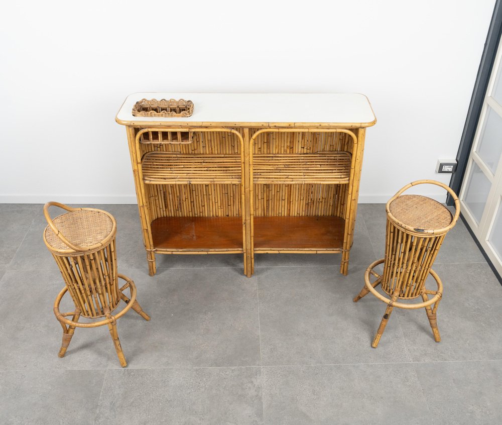 Bamboo and Rattan Cabinet Bar with Stools attributed to Tito Agnoli ...