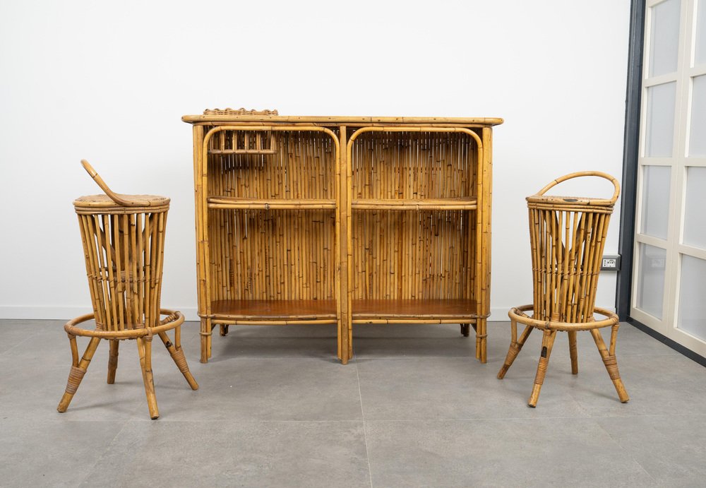 Bamboo and Rattan Cabinet Bar with Stools attributed to Tito Agnoli ...