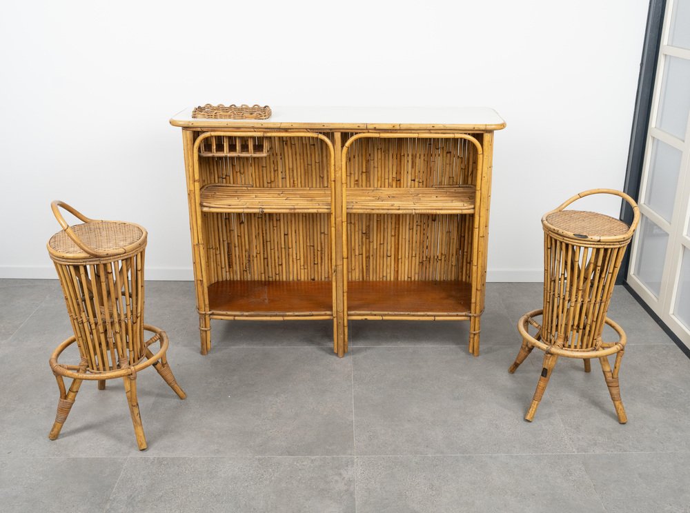 Bamboo and Rattan Cabinet Bar with Stools attributed to Tito Agnoli ...
