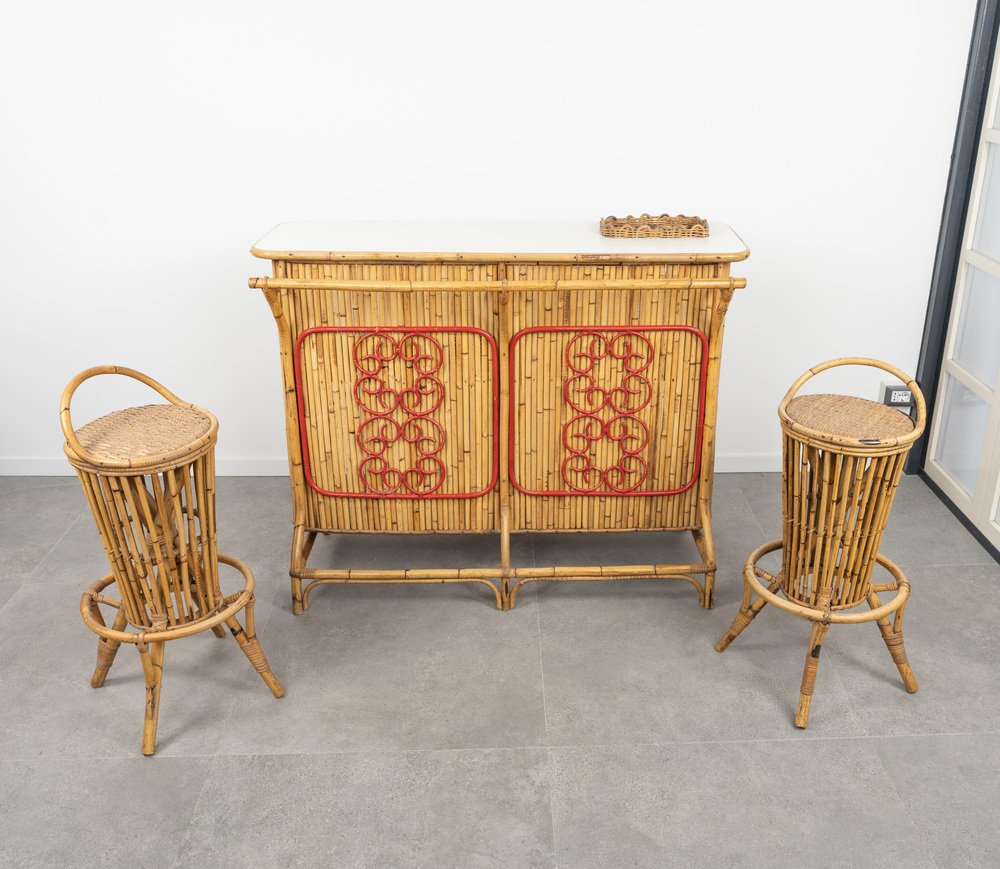 Bamboo and Rattan Cabinet Bar with Stools attributed to Tito Agnoli ...