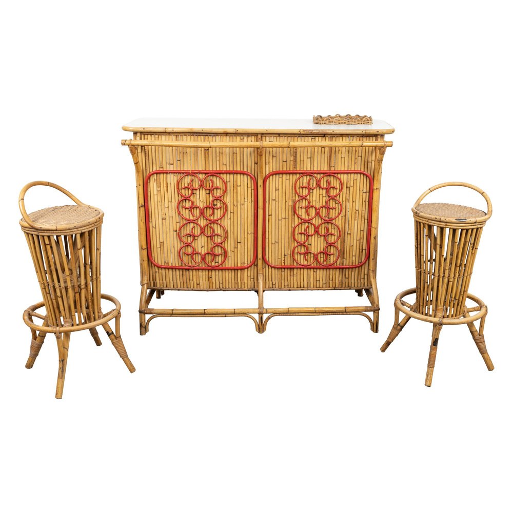 Bamboo and Rattan Cabinet Bar with Stools attributed to Tito Agnoli ...