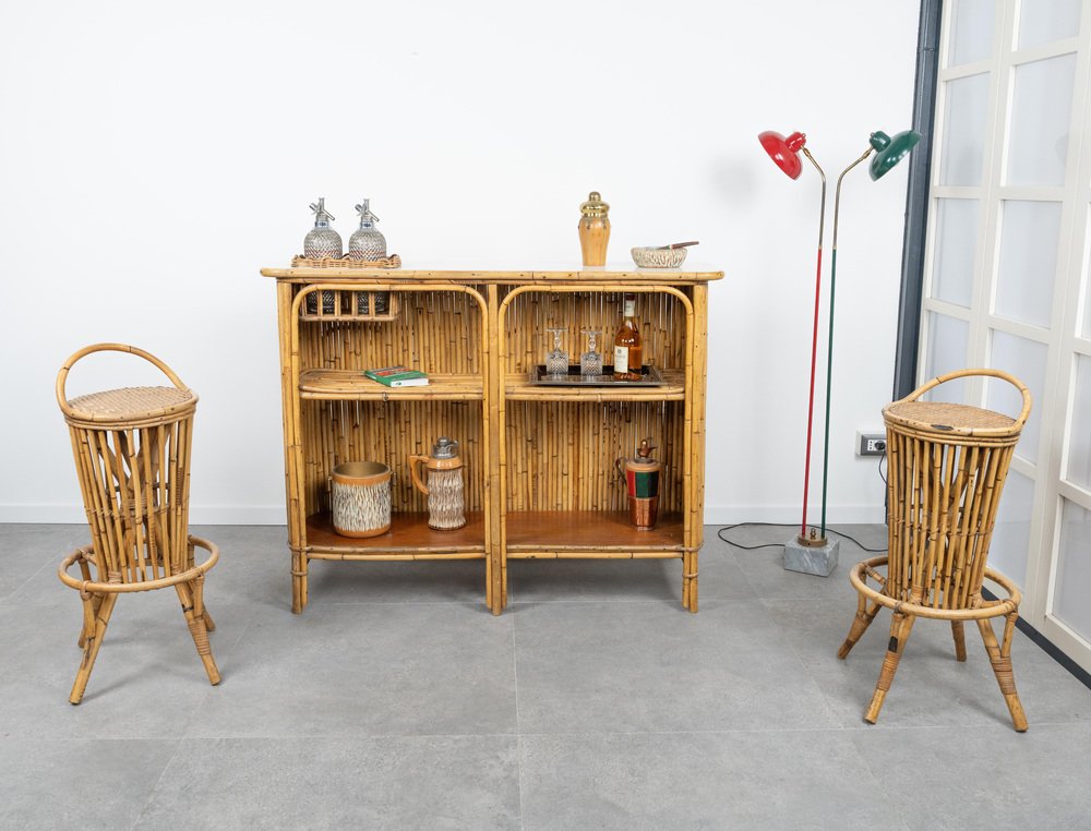 Bamboo and Rattan Cabinet Bar with Stools attributed to Tito Agnoli ...