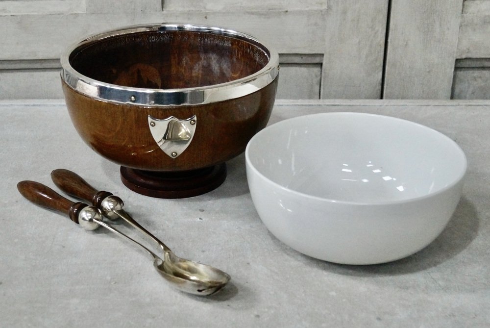 Victorian Oak & Silver-Plated Salad Bowl with Spoons, 1890s, Set of 3 ...