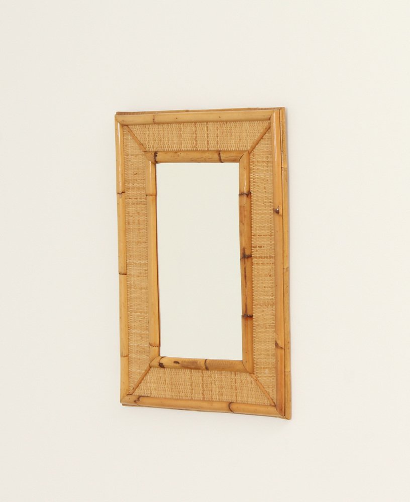 Spanish Rattan and Cane Wall Mirror, 1970s for sale at Pamono