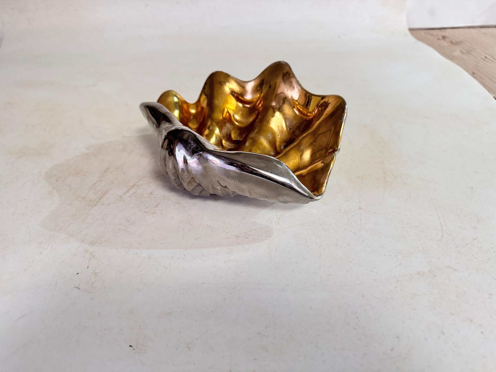 Ceramic Shell-Shaped Vide Poche in Silver and Gold Colors, 20th Century ...