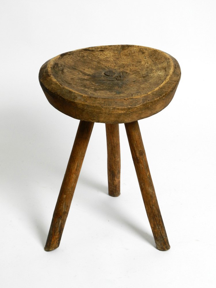 Hand-Carved 3-Legged Wood Stool, 1900s for sale at Pamono