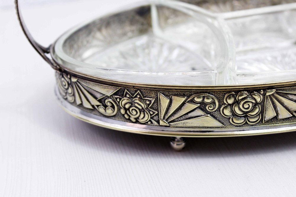 Art Deco Silver-Plated Tray with Glass Ramekins, 1930s, Set of 5 for ...