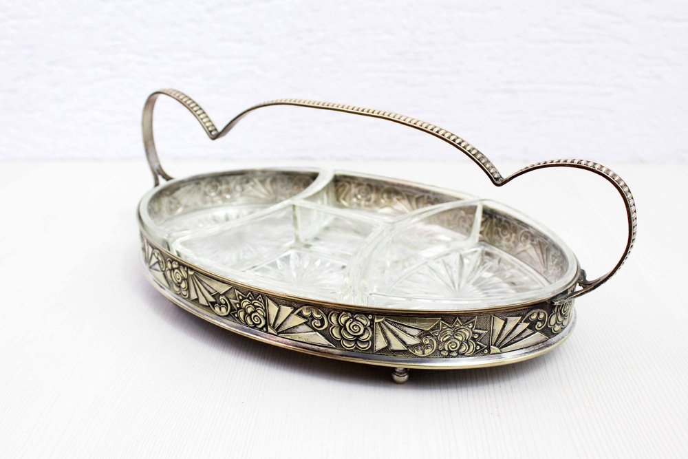Art Deco Silver-Plated Tray with Glass Ramekins, 1930s, Set of 5 for ...