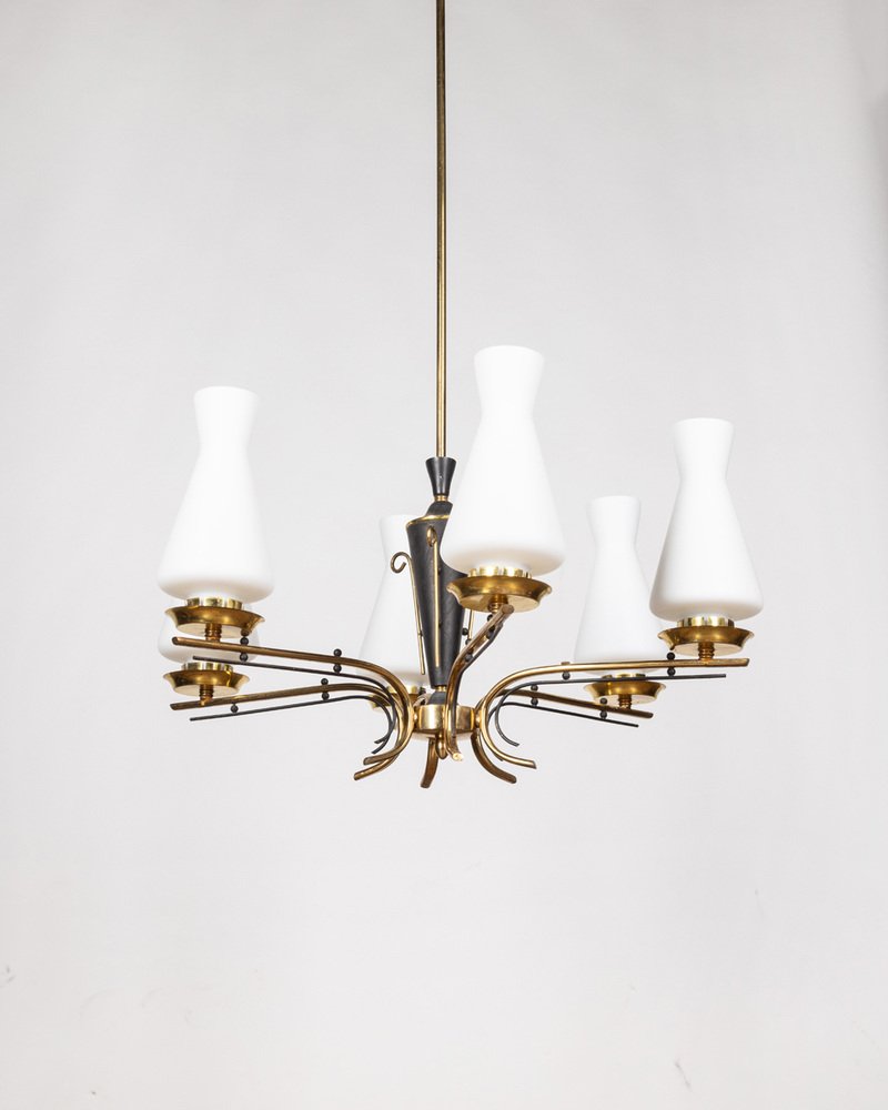 Vintage Italian Hanging Light in Brass and Glass, 1950s for sale at Pamono