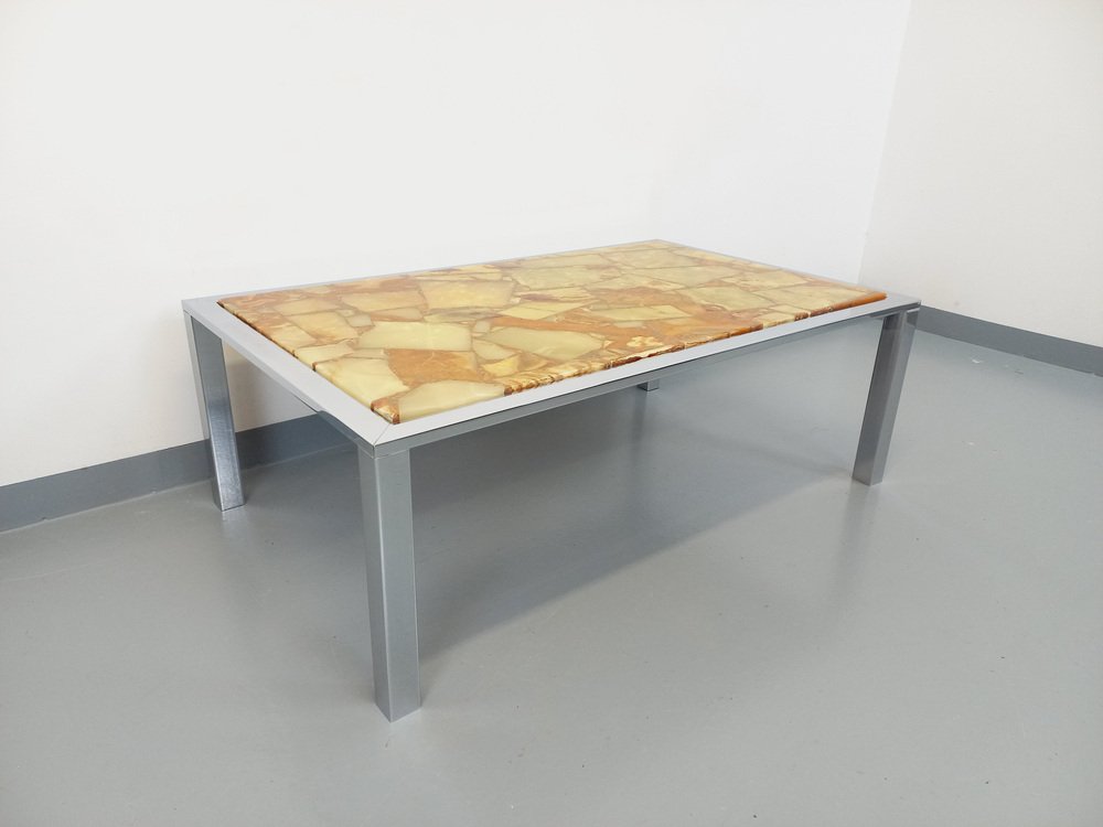 Large Vintage Coffee Table in Chrome Metal, Yellow Onyx Type and Resin ...