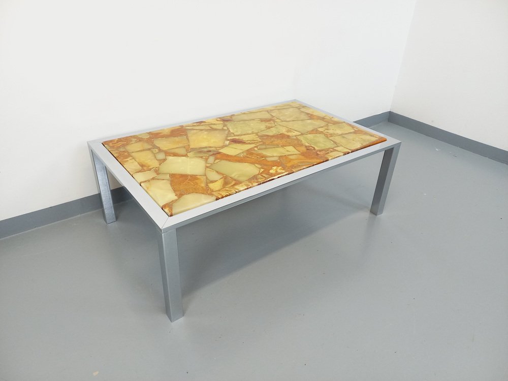 Large Vintage Coffee Table in Chrome Metal, Yellow Onyx Type and Resin ...