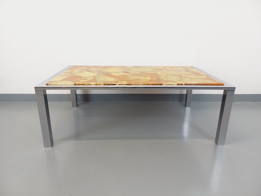 Large Vintage Coffee Table in Chrome Metal, Yellow Onyx Type and Resin ...