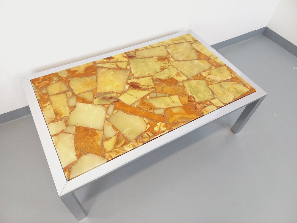 Large Vintage Coffee Table in Chrome Metal, Yellow Onyx Type and Resin ...