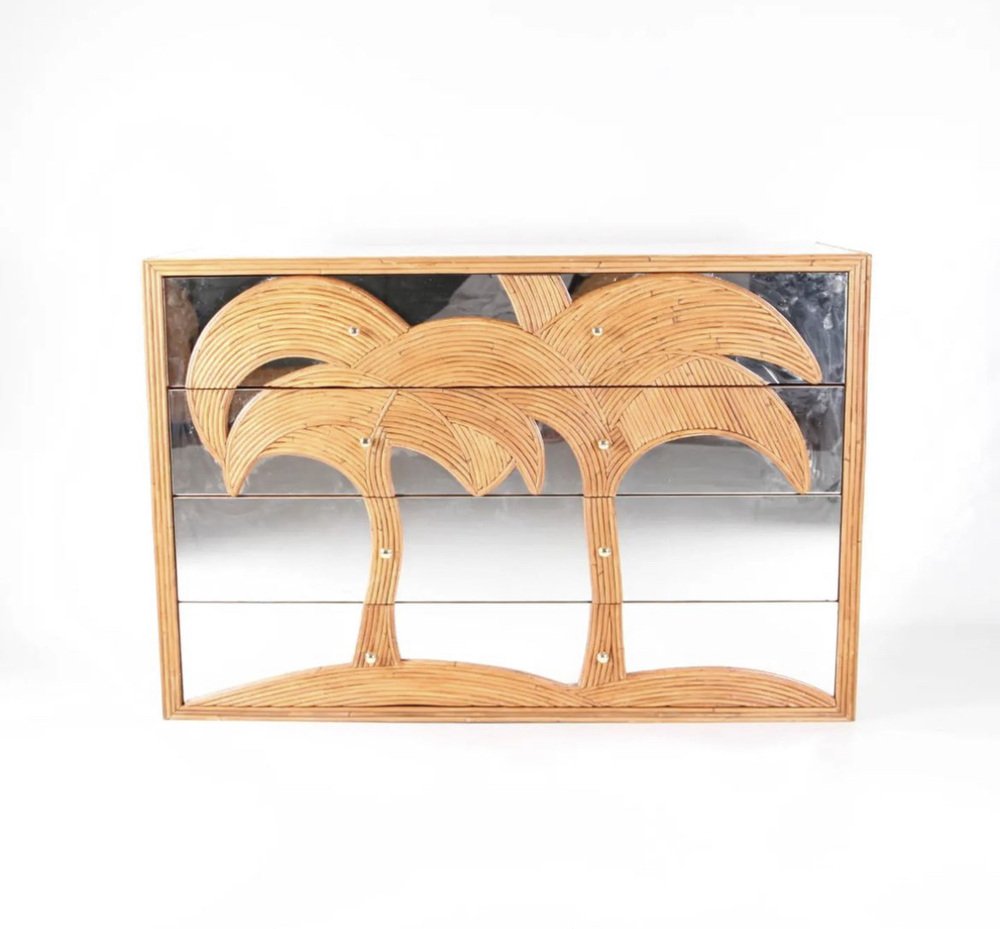 Mirrored and Rattan Chest of Drawers for sale at Pamono