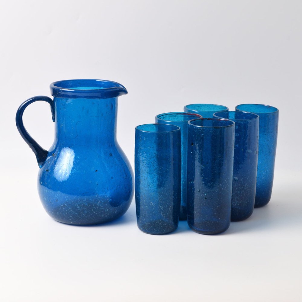 Blue Bubble Glass Pitcher with Tumblers, 1950s, Set of 7 for sale at Pamono