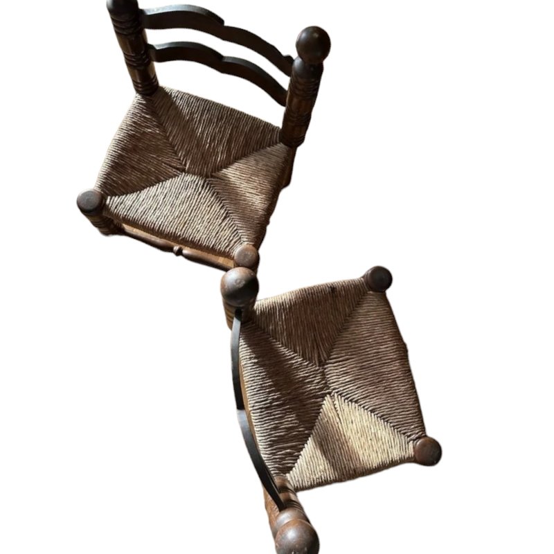 Mid-Century French Brutalist Oak & Rush Rope Chairs by Charles Dudouyt ...