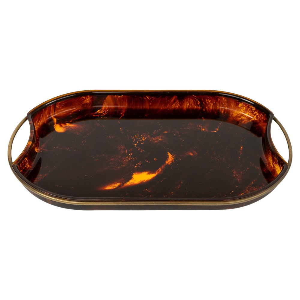 Oval Serving Tray in Effect Tortoiseshell Acrylic & Brass attributed to ...