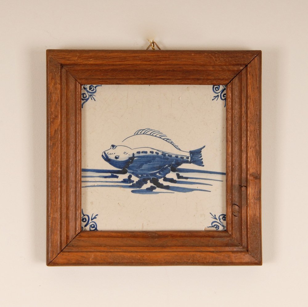 17th Century Baroque Framed Sea Creatures Monsters Tiles in Blue and ...