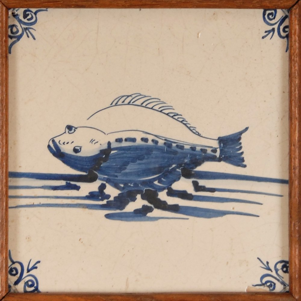17th Century Baroque Framed Sea Creatures Monsters Tiles in Blue and ...