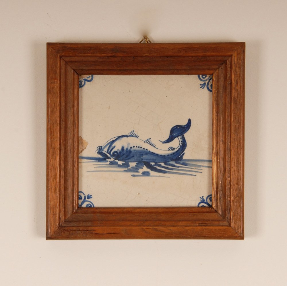 17th Century Baroque Framed Sea Creatures Monsters Tiles in Blue and ...