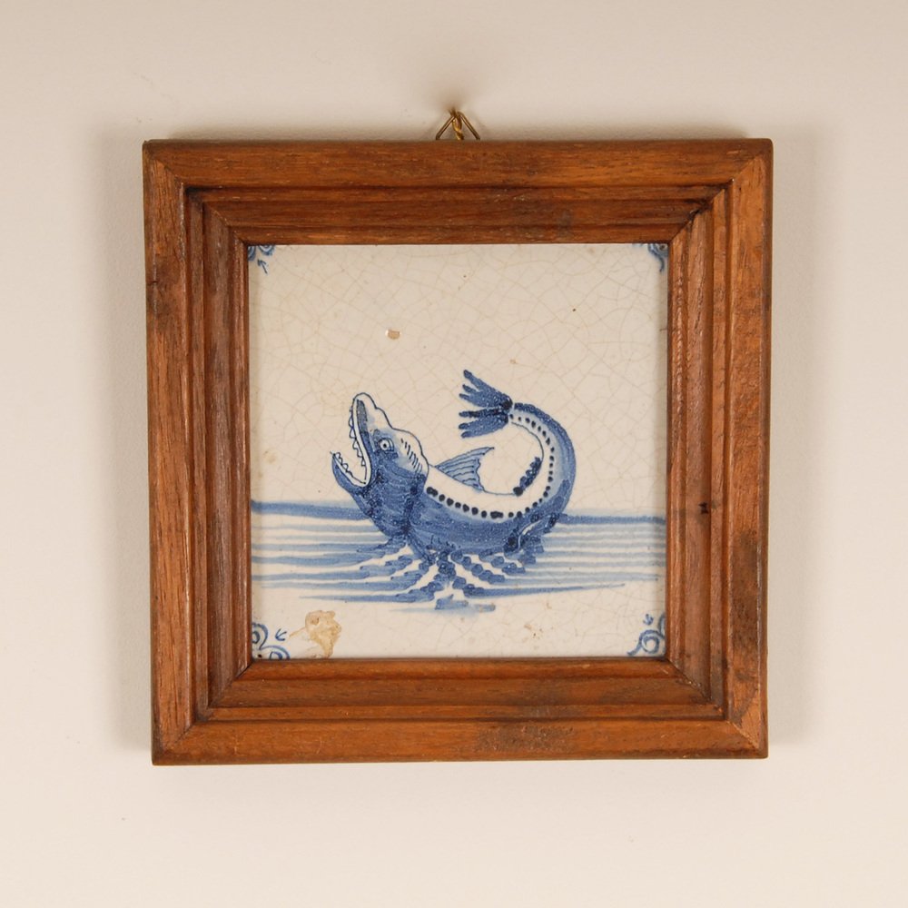 17th Century Baroque Framed Sea Creatures Monsters Tiles in Blue and ...