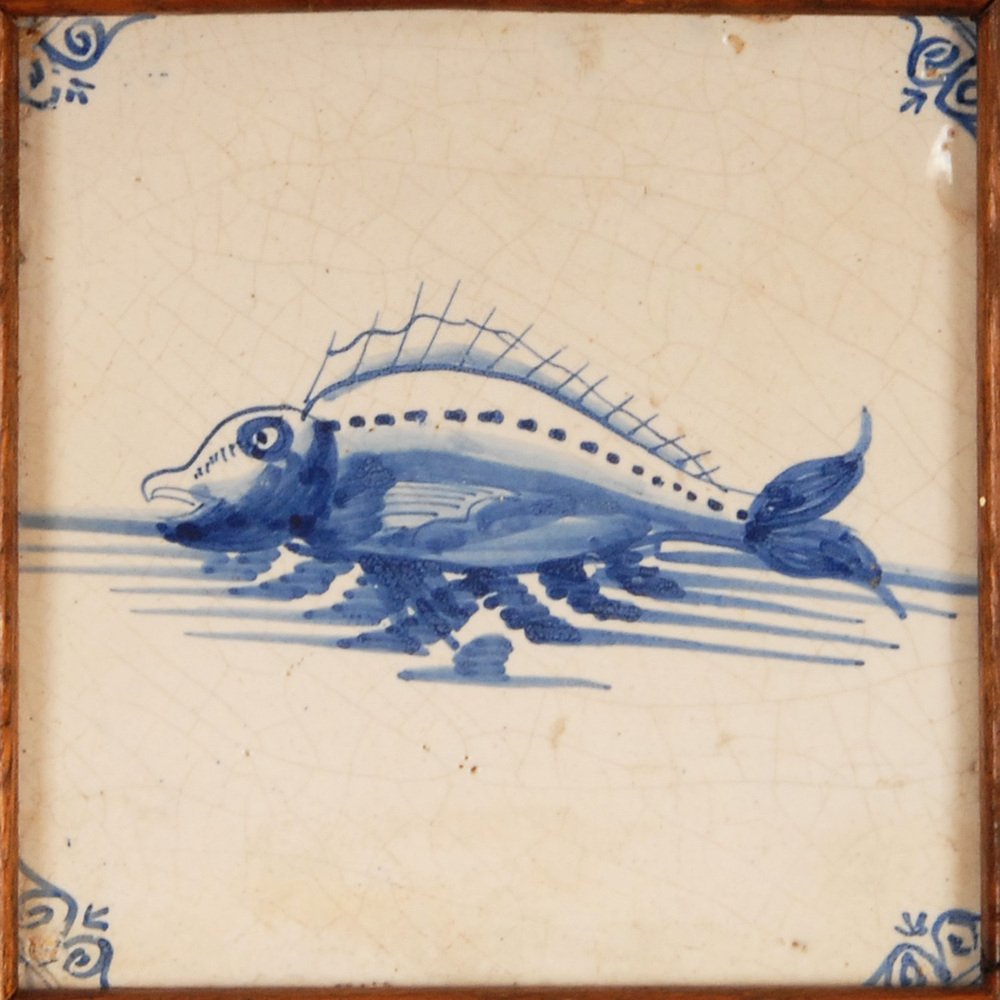 17th Century Baroque Framed Sea Creatures Monsters Tiles in Blue and ...