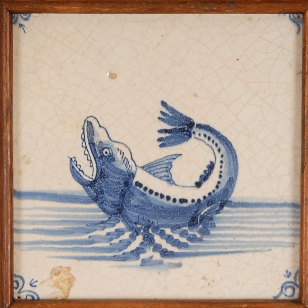 17th Century Baroque Framed Sea Creatures Monsters Tiles in Blue and ...