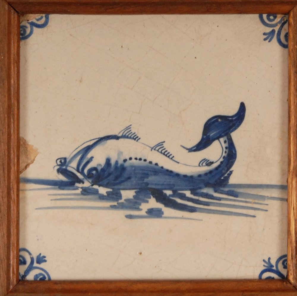 17th Century Baroque Framed Sea Creatures Monsters Tiles in Blue and ...