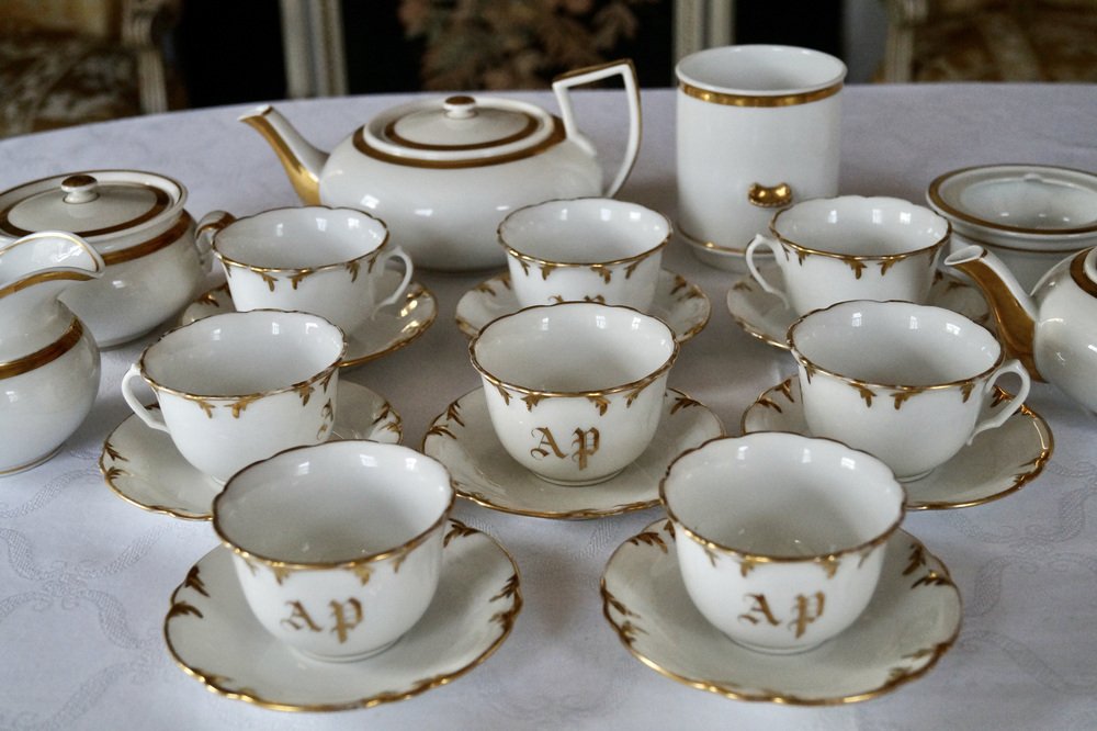 Antique French Porcelain Coffee Tea Set, 1865, Set of 13 for sale at Pamono