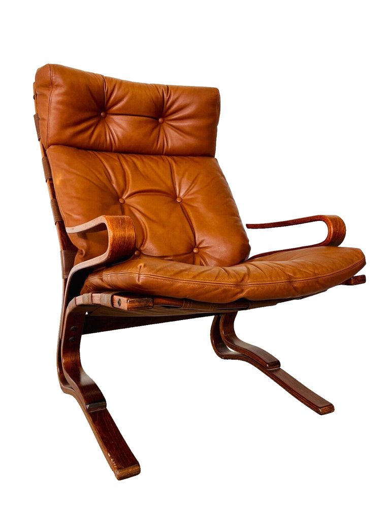 Vintage Scandinavian Cognac Lounge Chair and Foot Stool by Oddvin ...