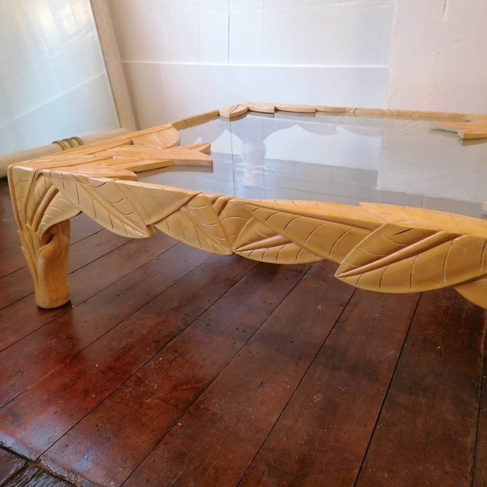 Large Carved Wood Leaves Coffee Table with Glass Top, USA, 1980s for ...