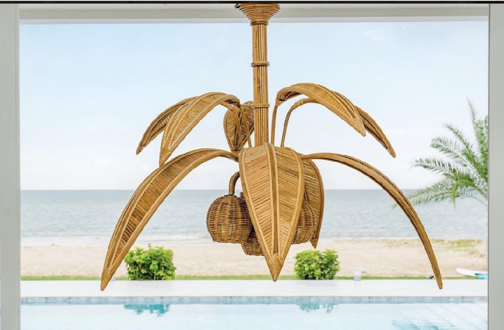 Palm Tree Ceiling Light in Rattan, 1990s for sale at Pamono