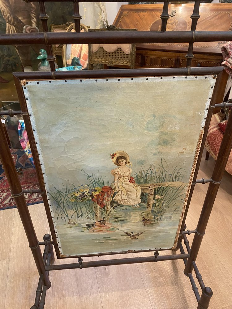 Bamboo and Painted Canvas Firewall, 1880s for sale at Pamono