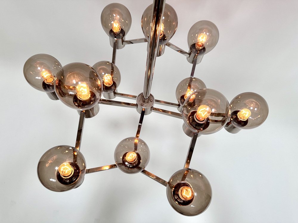 Large Italian Chromed 3d-Grid-Structure Chandelier with 12 Smoked Glass ...