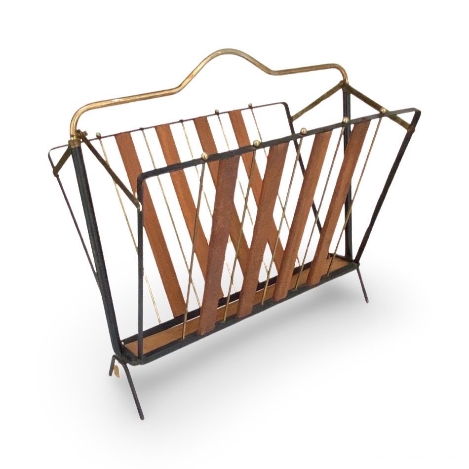 Mid Century Italian Folding Magazine Rack '50s Metal And Teak Wood for ...