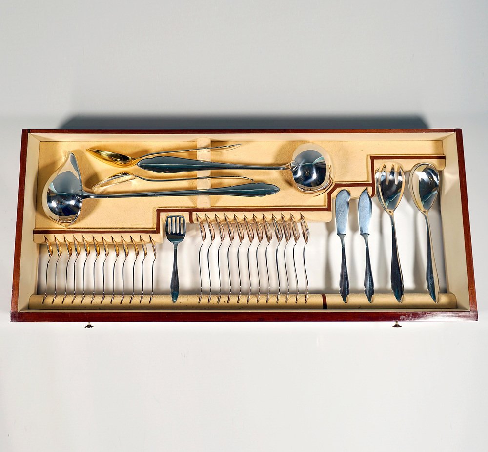 Art Deco Silver Cutlery Set for 12 in Showcase attributed to Bruckmann ...