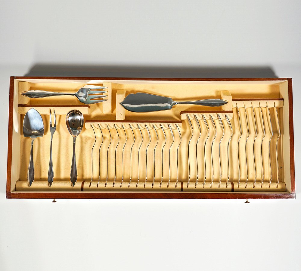Art Deco Silver Cutlery Set for 12 in Showcase attributed to Bruckmann ...