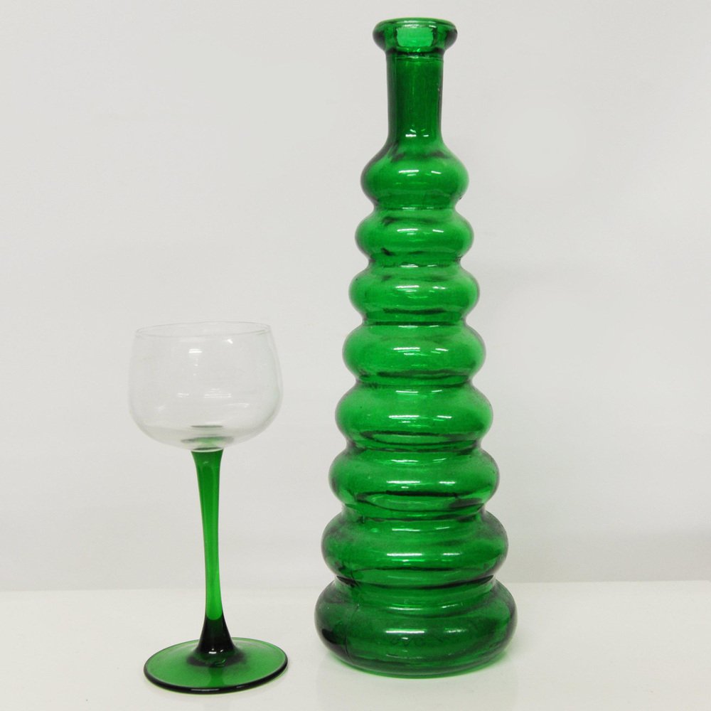 Vintage French Green Stem Wine Glasses And Decanter Set In Teak From Dolphin 1970s For Sale At
