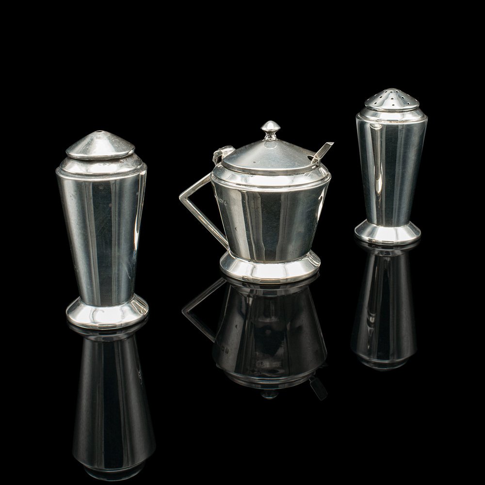 Vintage Art Deco English Condiment Set in Silver, 1930s, Set of 3 for ...