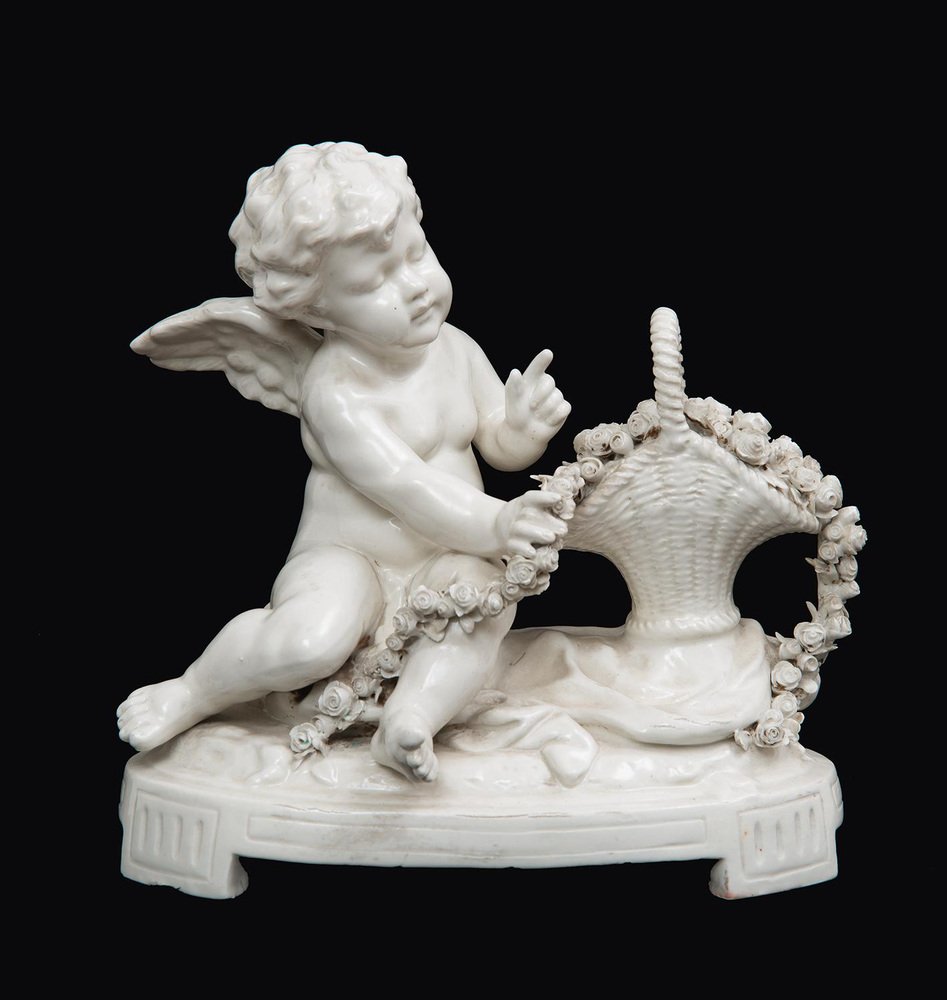 Porcelain Sculpture Depicting Putto with Basket of Flowers from ...