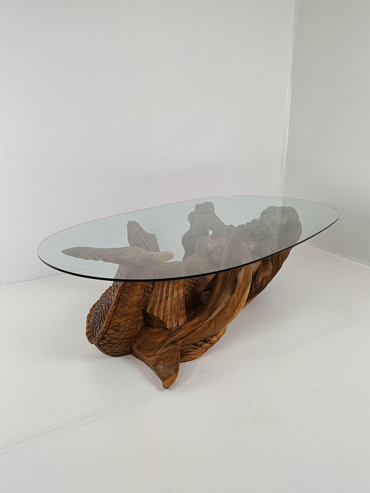 Wooden Mermaid Coffee Table with Glass Top for sale at Pamono