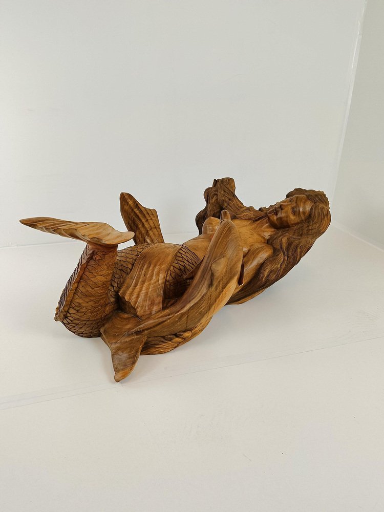 Wooden Mermaid Coffee Table with Glass Top for sale at Pamono
