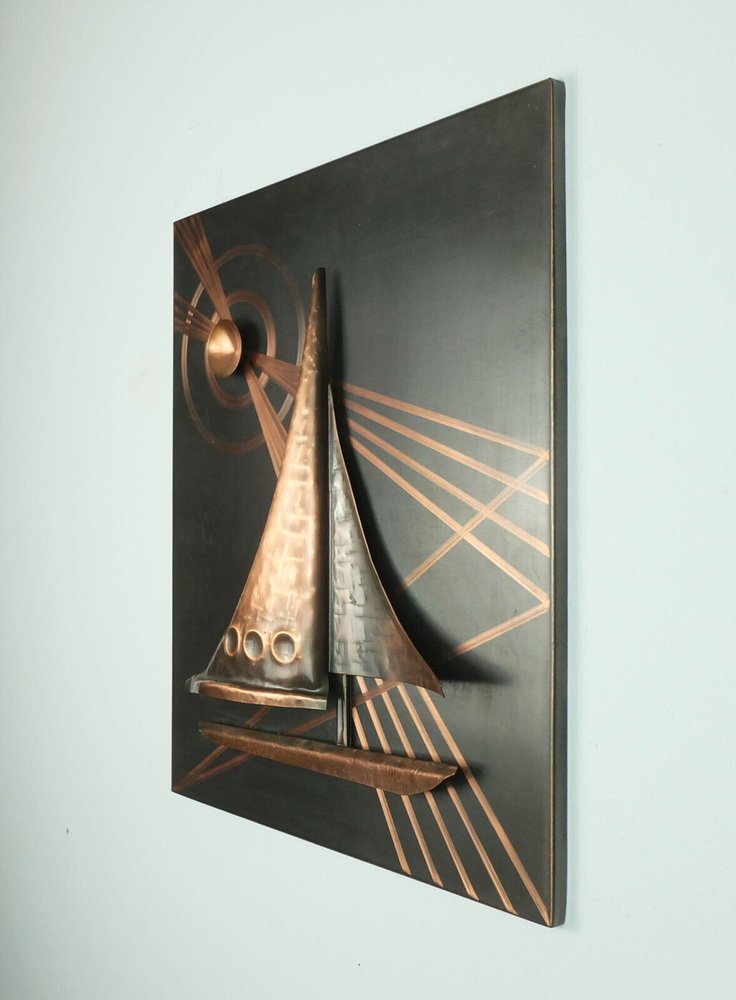 Mid-Century Copper Relief of Sailboat, 1950s for sale at Pamono
