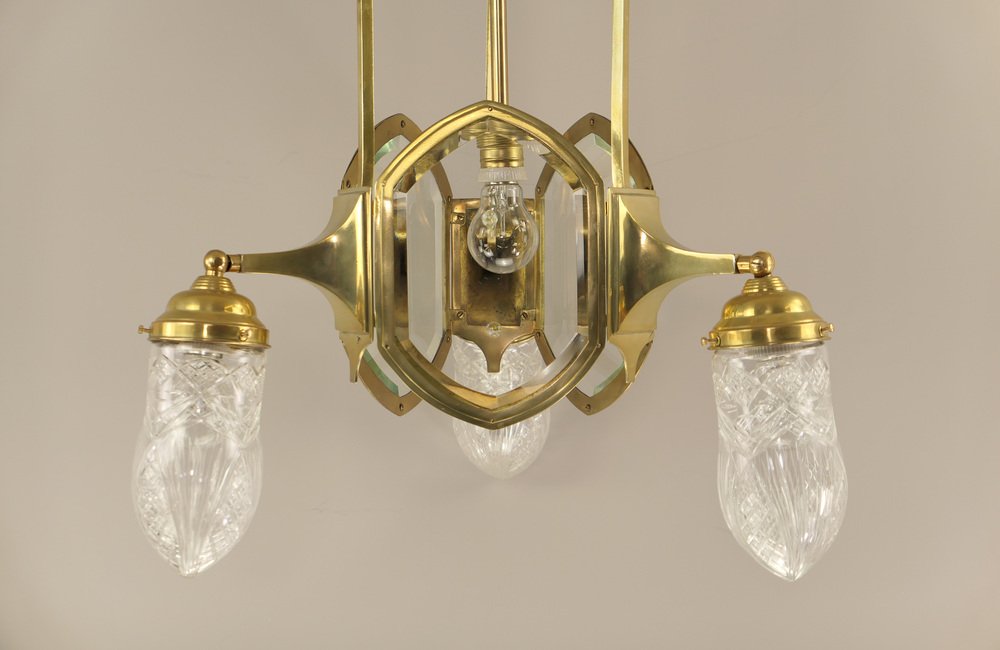 Art Deco Brass Chandelier with Lead Crystal Shades, 1920s for sale at ...