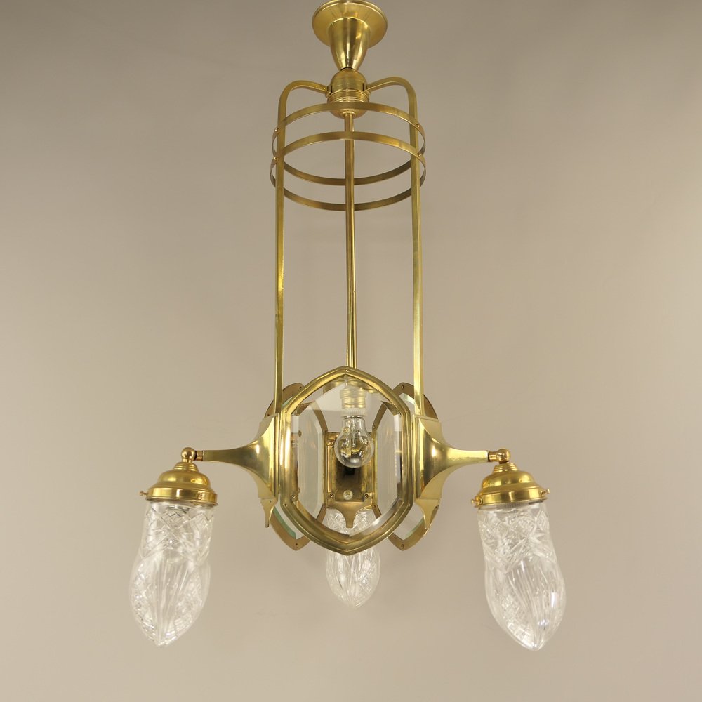 Art Deco Brass Chandelier with Lead Crystal Shades, 1920s for sale at ...