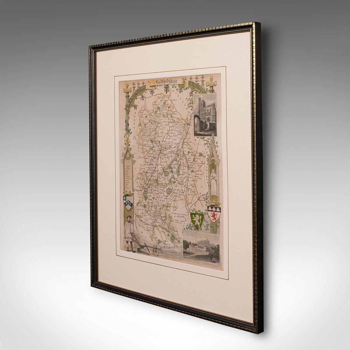 Antique Framed Lithographic Map of Bedfordshire, England for sale at Pamono