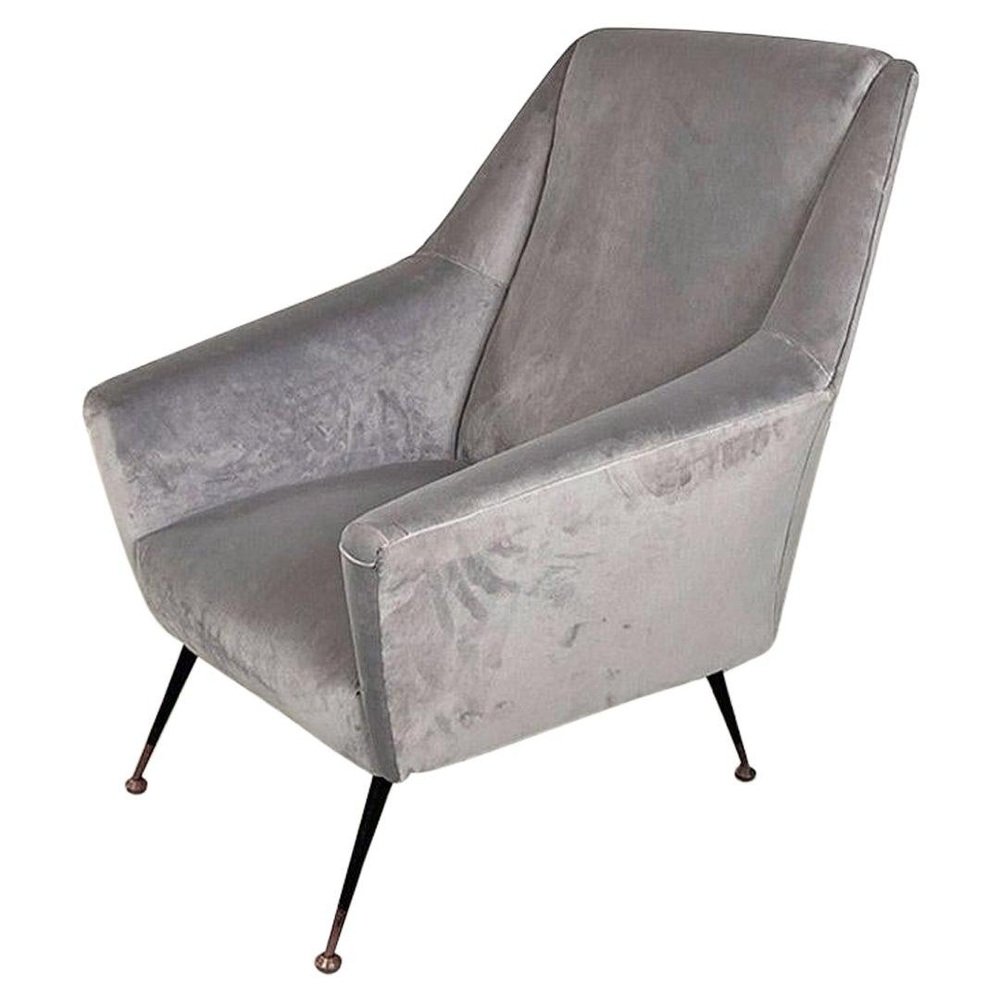 Italian Modern Armchair in Light Gray Velvet with Black Metal Legs ...