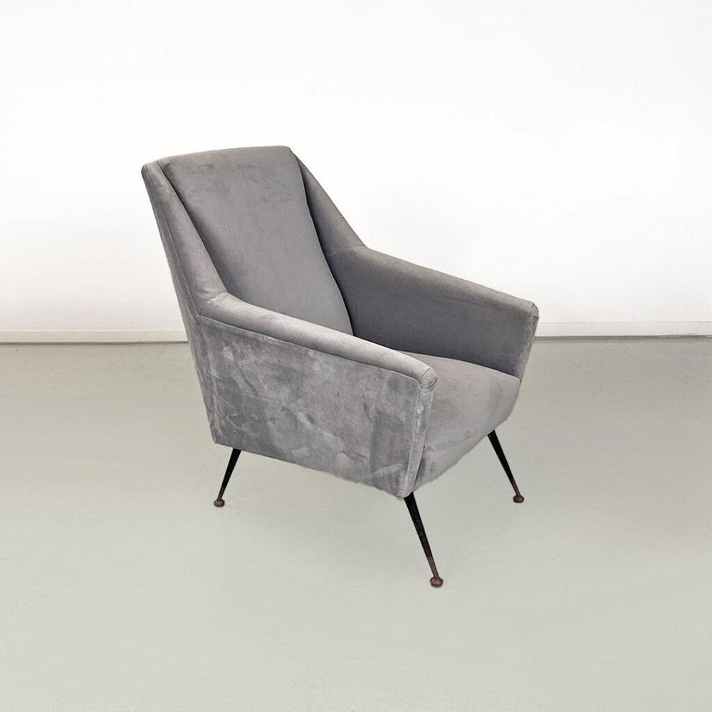Italian Modern Armchair in Light Gray Velvet with Black Metal Legs ...